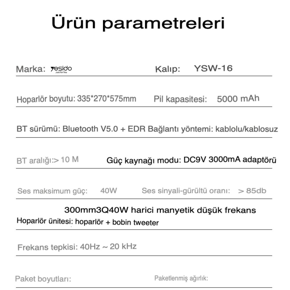 Yesido YSW15 2 Adet Mikrofonlu 8inch 210mm Sürücülü 3000 mAh Bataryalı Kablosuz Hoparlör - Siyah